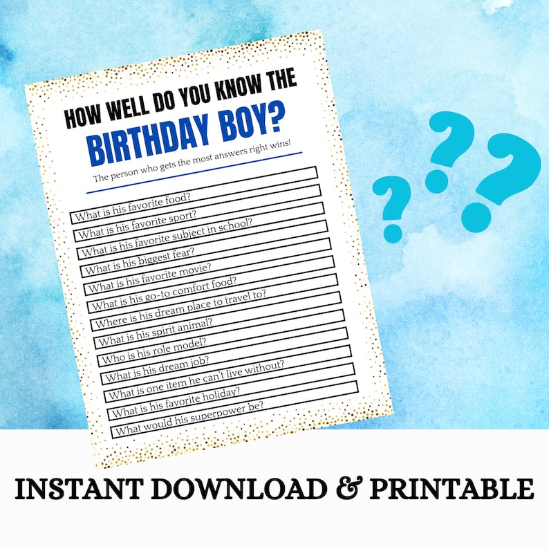 Birthday Boy Quiz Game: Fun Printable Party Trivia (digital Download ...