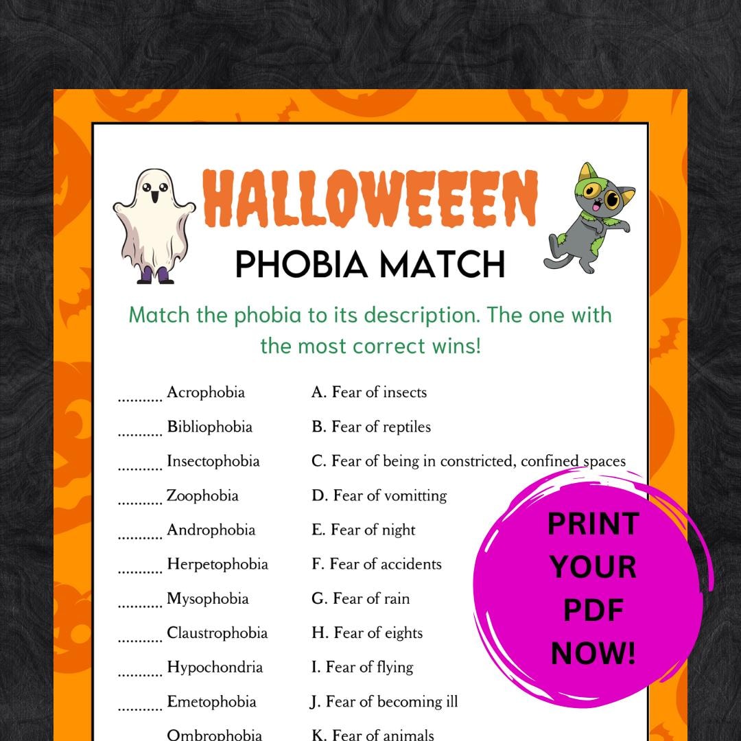 Halloween Phobia Trivia Game, Printable Party Activity (digital ...