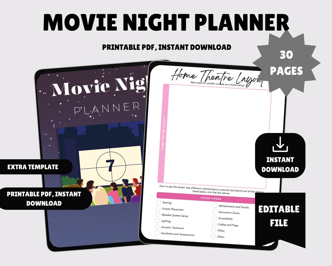 Movie Night Planner: Printable Movie Tracker & Snack List (digital ...