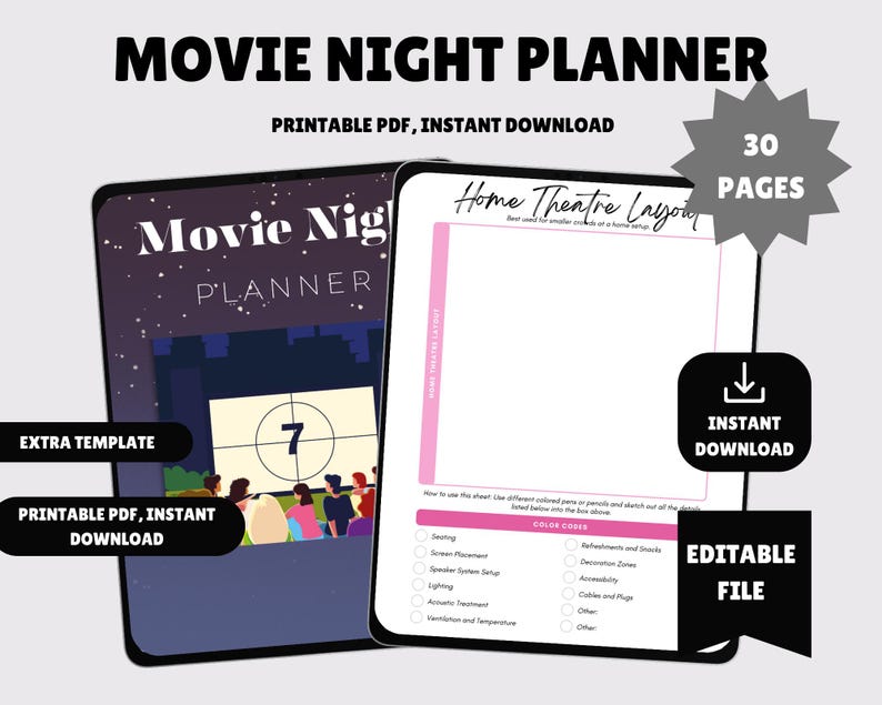 Movie Night Planner | Printable Movie Tracker, Movie Schedule, Party ...