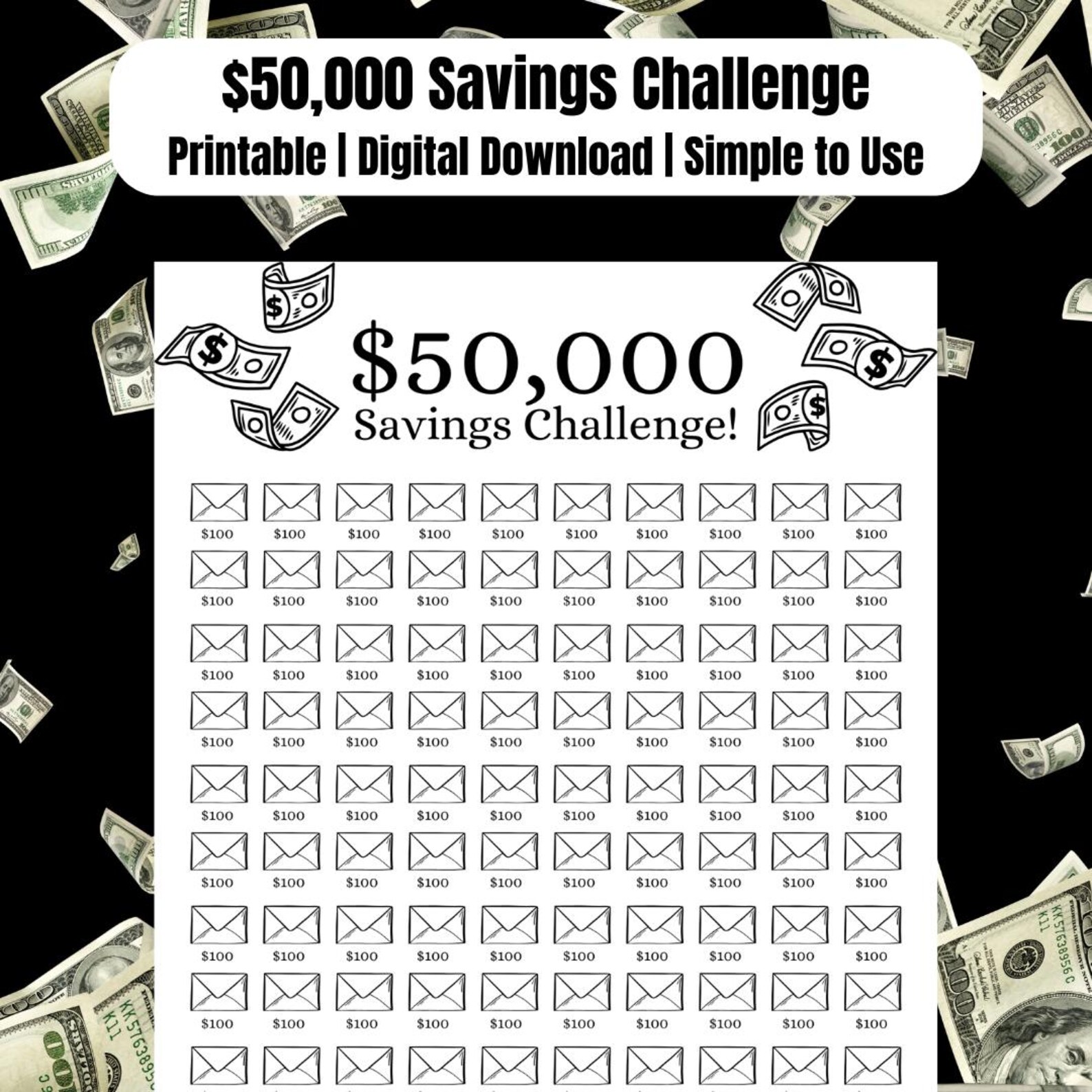 50000 Savings Challenge Printable, 100 Envelope Challenge Printable ...