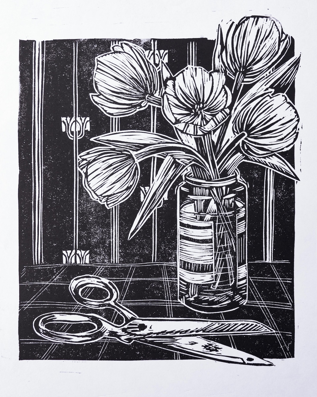 Tulip Linocut Print: Still Life With Antique Scissors, Limited Edition ...