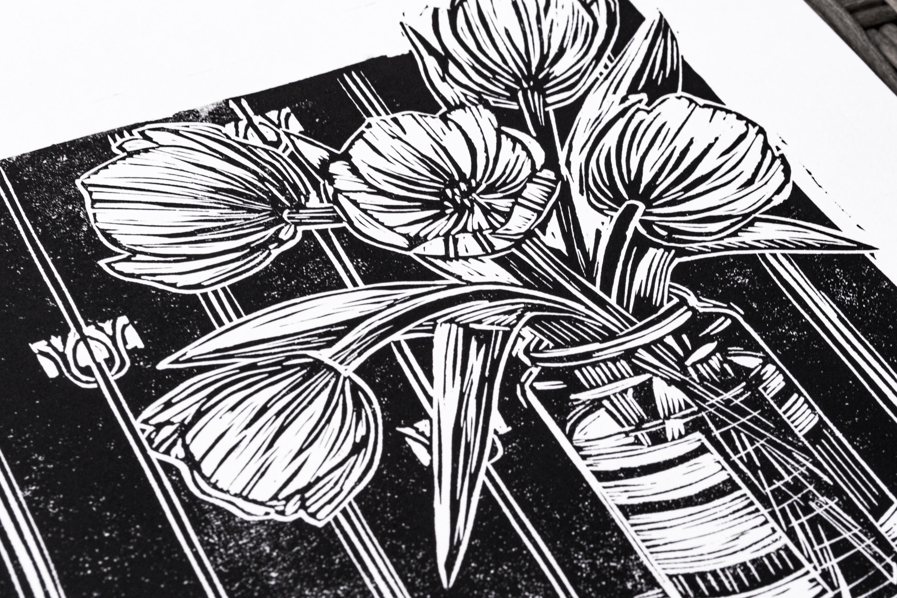 Tulip Linocut Print: Still Life With Antique Scissors, Limited Edition ...