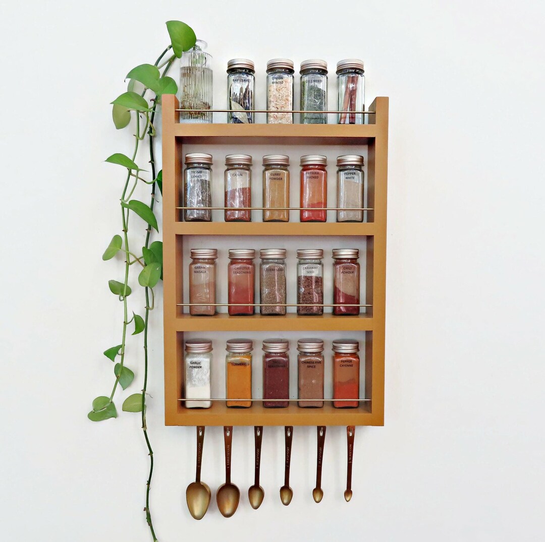 Spice Rack in Mustard Yellow With Hanging Hooks and Brass Rails ...