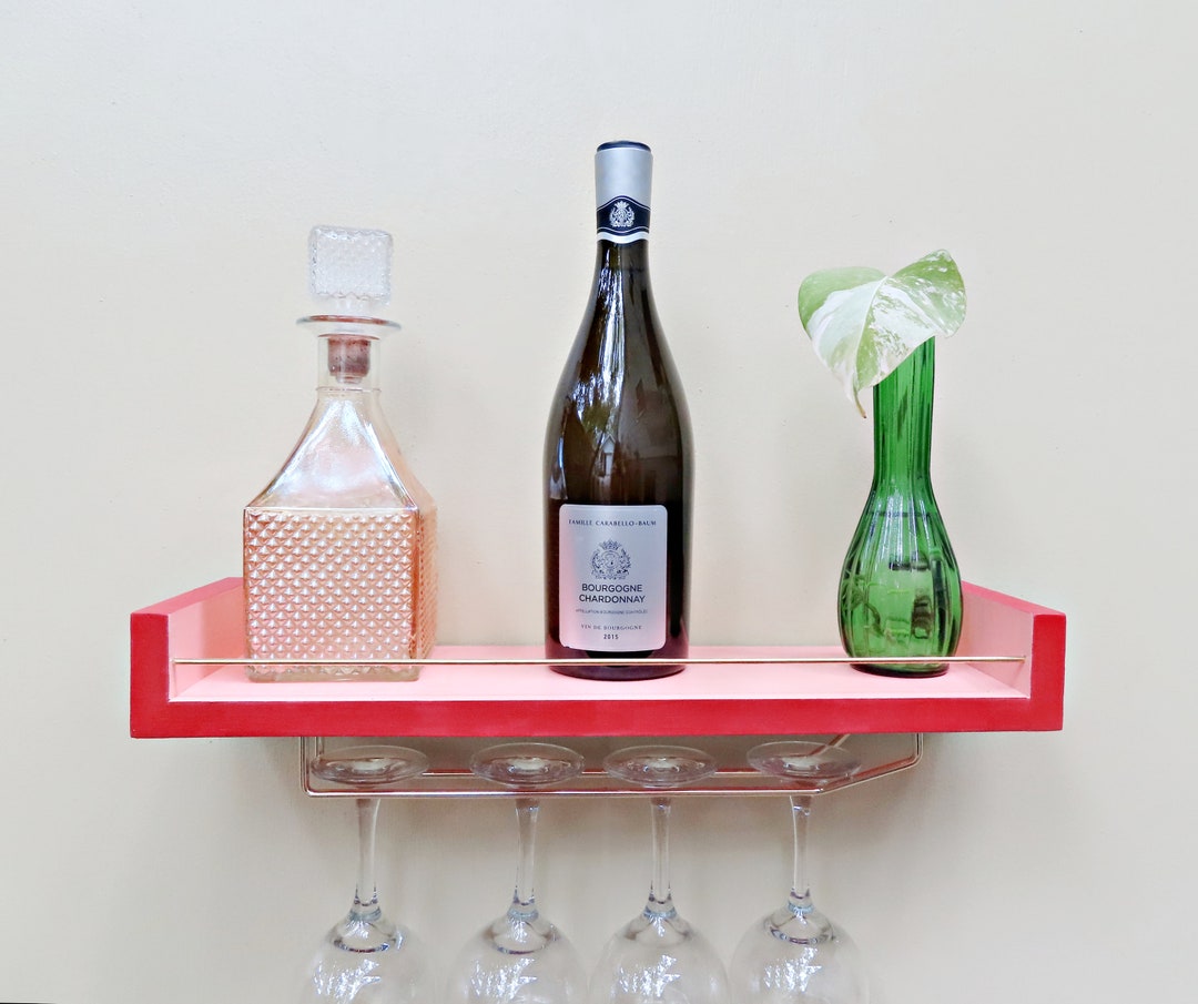 Cocktail Bar in Peach and Red With Brass Rail, Wine Rack Shelf, Wine ...