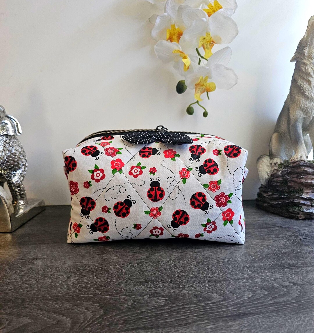 Ladybug Floral Makeup Bag: Quilted Cosmetic Pouch, Polka Dot Toiletry ...