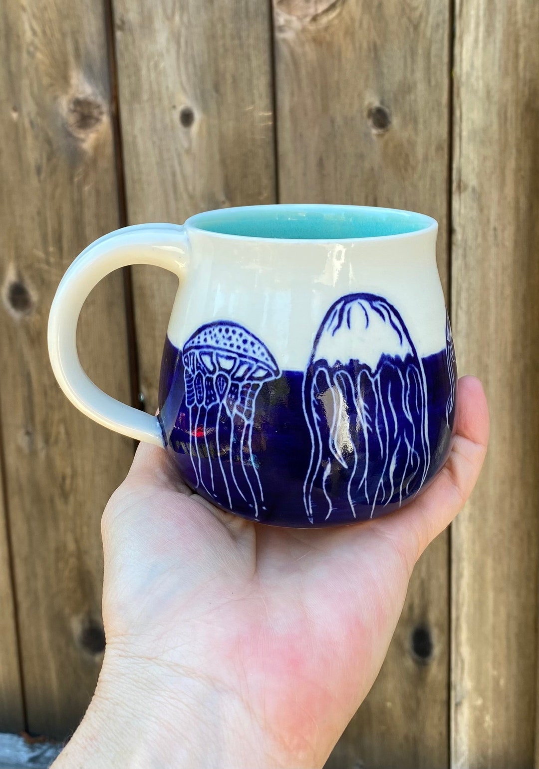 Royal Blue and White Sgraffito Jellyfish Mug - Etsy