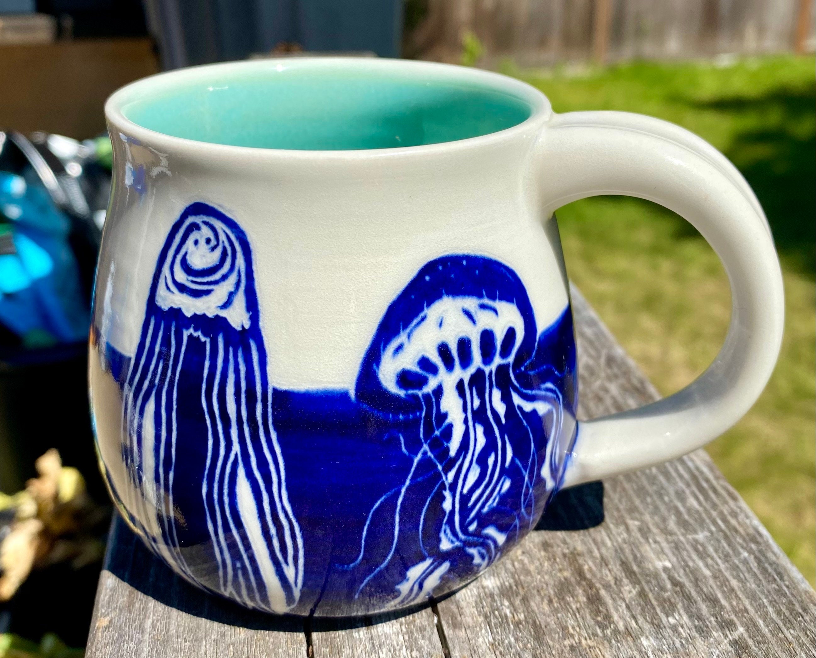 Royal Blue and White Sgraffito Jellyfish Mug - Etsy