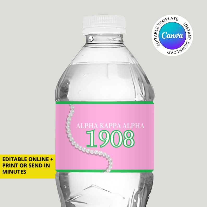Editable Pink & Green Alpha Kappa Alpha Water Bottle Label, Printable ...