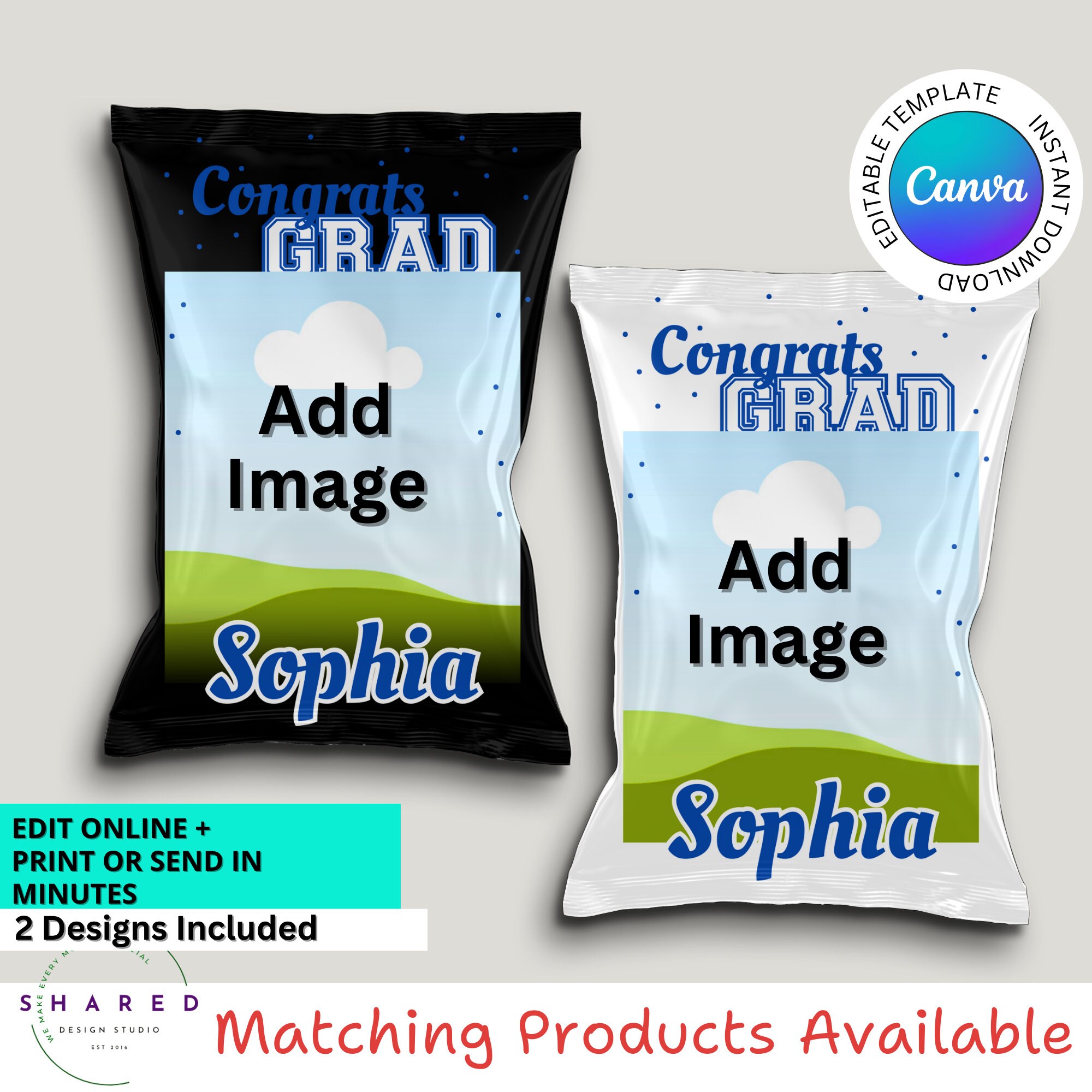Editable Blue, White & Black Graduation Chip Bag Label, Printable ...