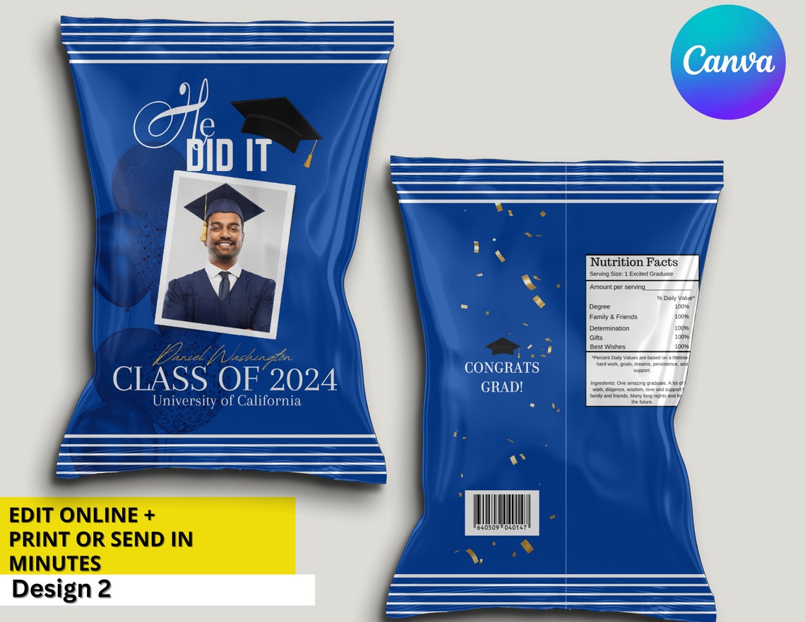 Editable Blue & Gold Graduation Chip Bag Label, Printable Grad Chip Bag ...