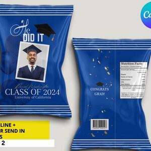 Editable Blue & Gold Graduation Chip Bag Label, Printable Grad Chip Bag ...