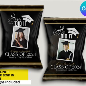 Editable Black & Gold Graduation Chip Bag Label, Printable Grad Chip ...