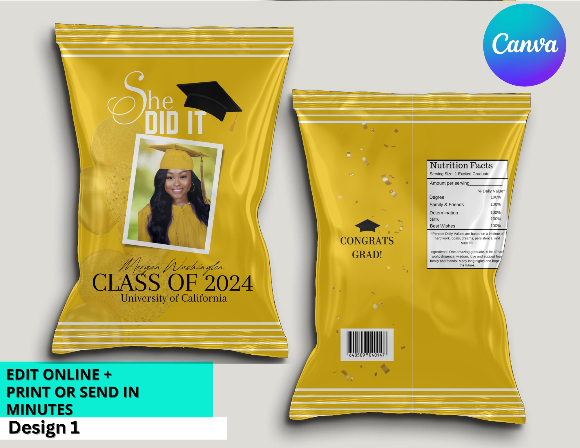 Editable Gold Graduation Chip Bag Label, Printable Grad Chip Bag ...