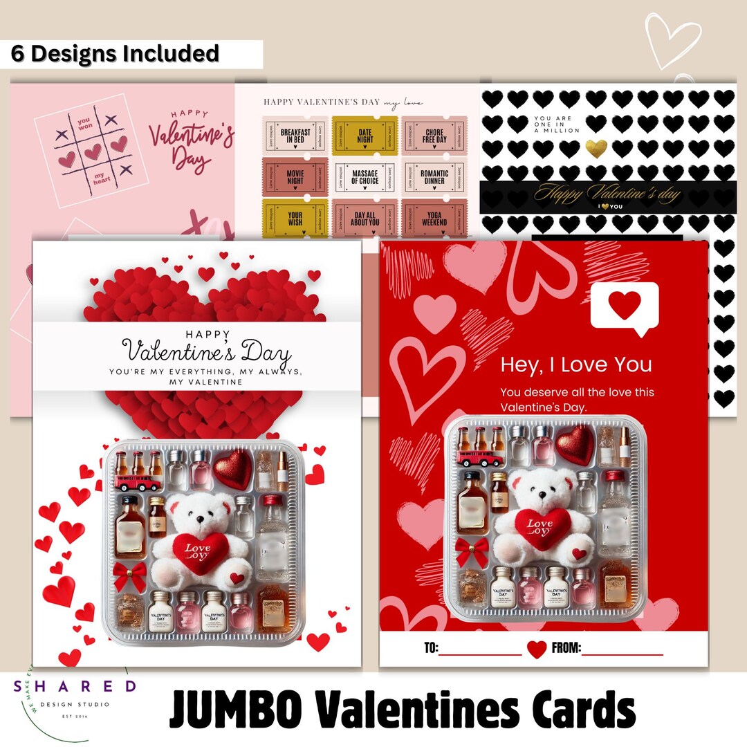 6 Jumbo Valentine's Day Card Bundle, Printable Candy Snack Card, DIY ...