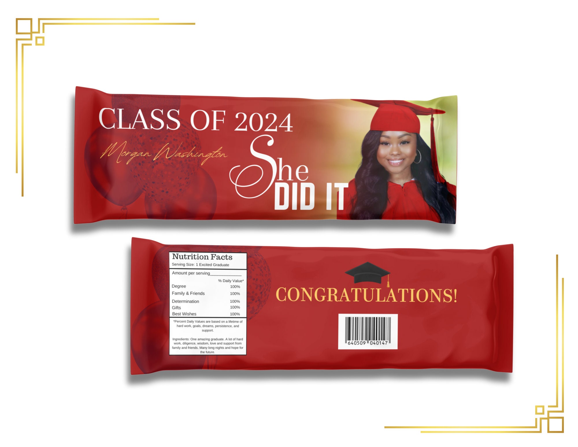 Editable Red & Gold Graduation Candy Bar Wrapper, Printable Grad Candy ...