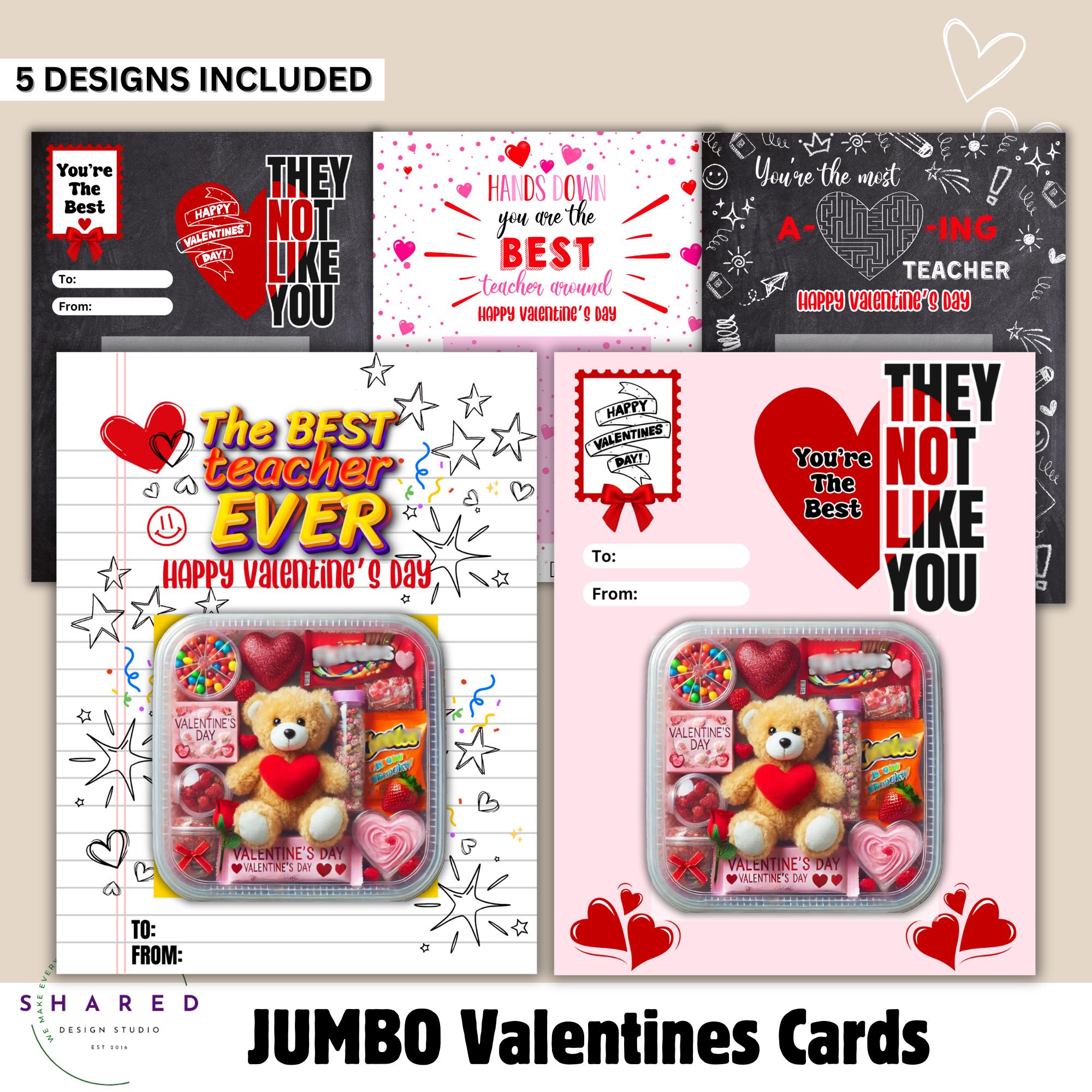 5 Jumbo Valentine's Day Cards, Printable Candy Snack Gift Card, DIY ...