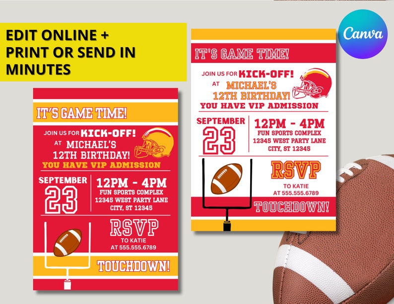 Editable Red & Gold Colors Kansas City Football Team Birthday Party ...