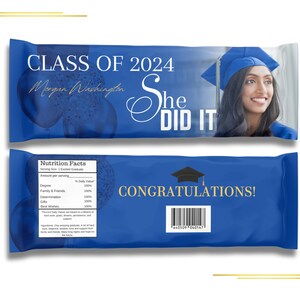 Editable Blue & Gold Graduation Candy Bar Wrapper, Printable Grad Candy ...
