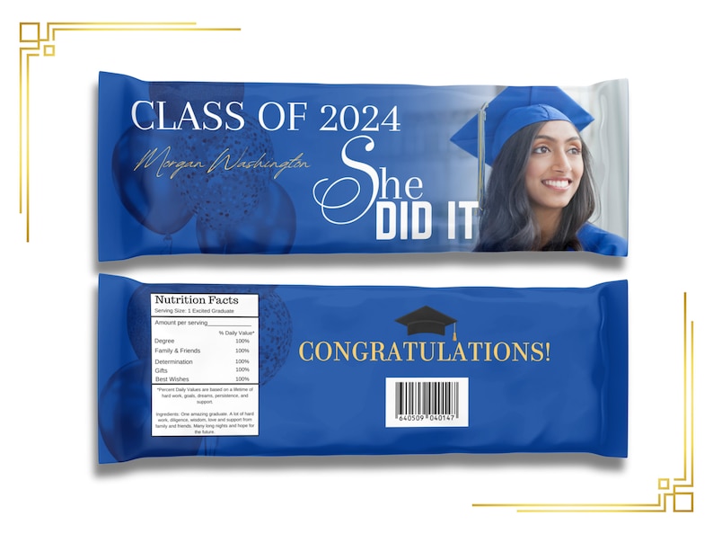Editable Blue & Gold Graduation Candy Bar Wrapper, Printable Grad Candy ...