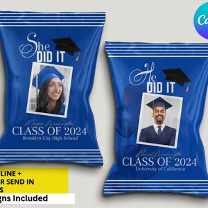 Editable Blue & Gold Graduation Chip Bag Label, Printable Grad Chip Bag ...