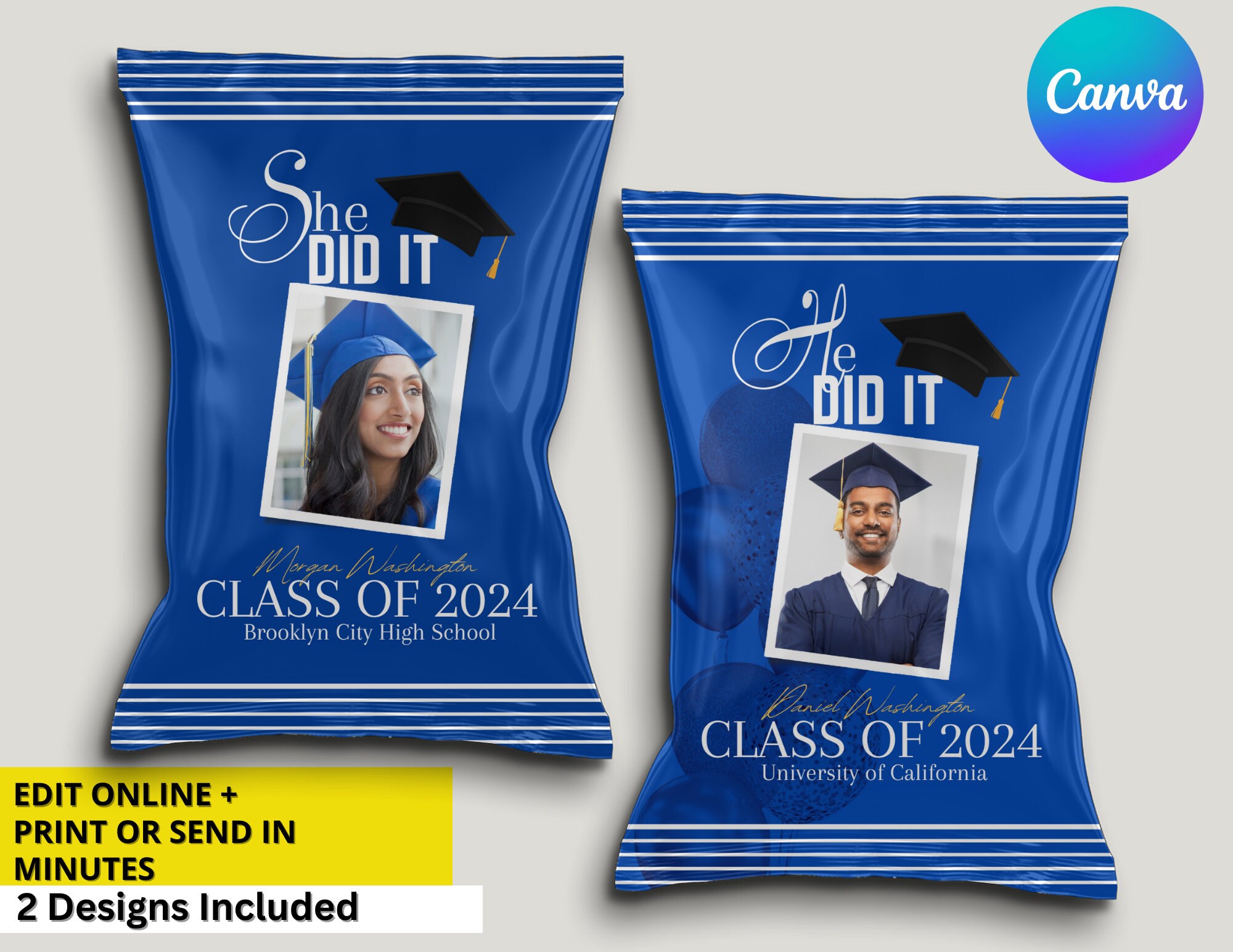 Editable Blue & Gold Graduation Chip Bag Label, Printable Grad Chip Bag ...