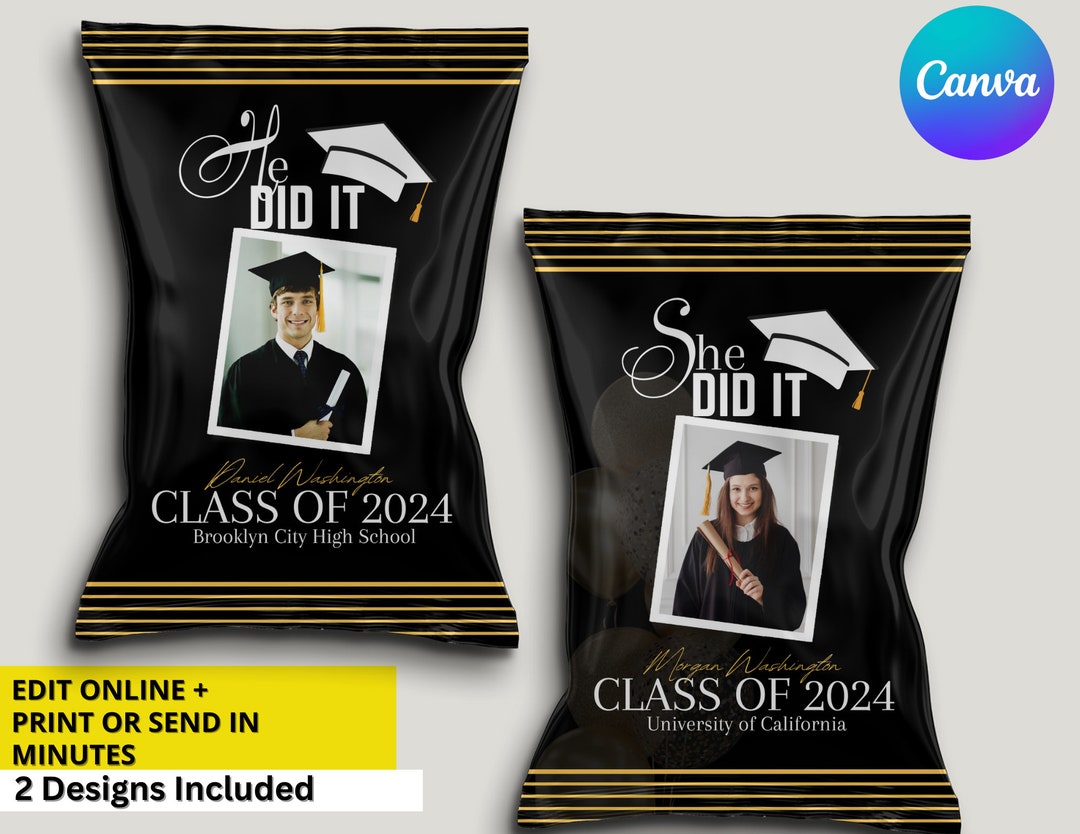 Editable Black & Gold Graduation Chip Bag Label, Printable Grad Chip ...