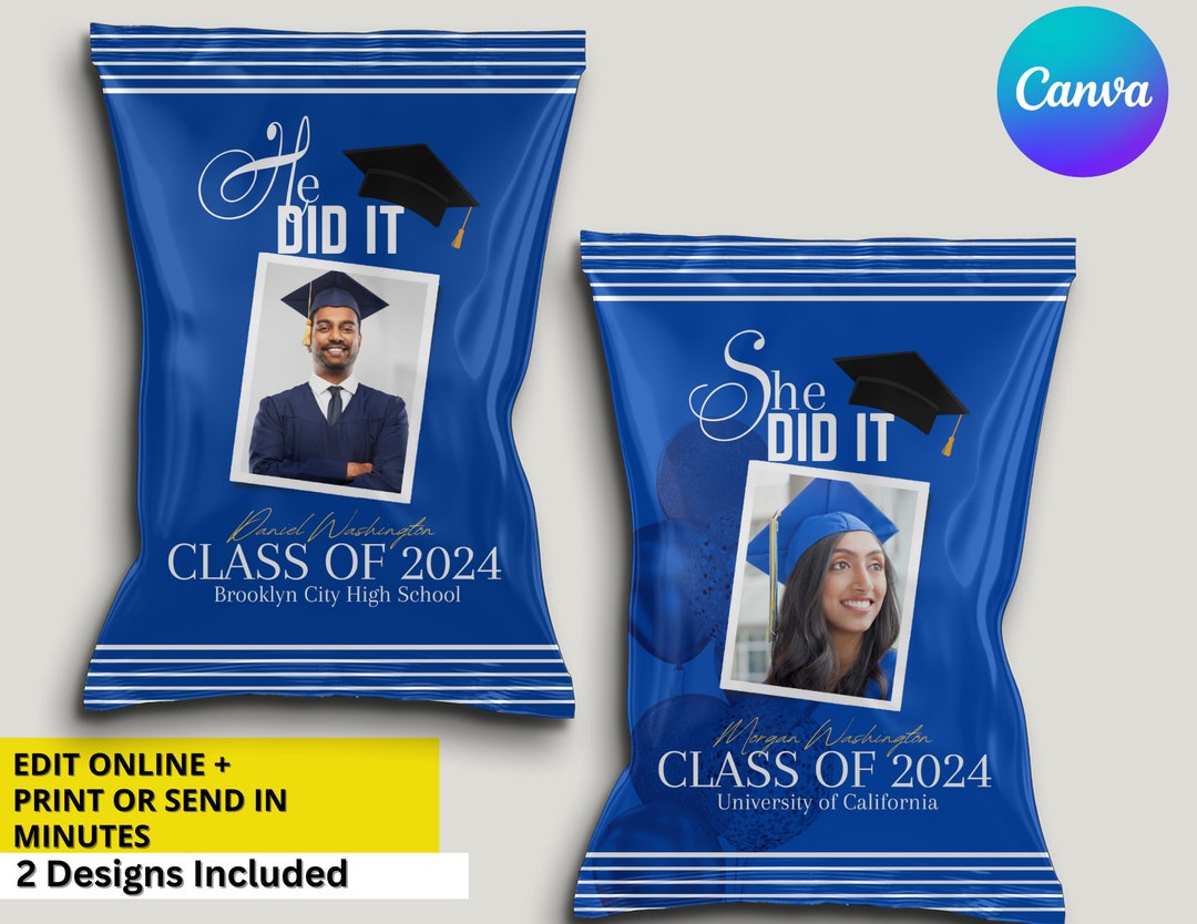 Editable Blue & Gold Graduation Chip Bag Label, Printable Grad Chip Bag ...