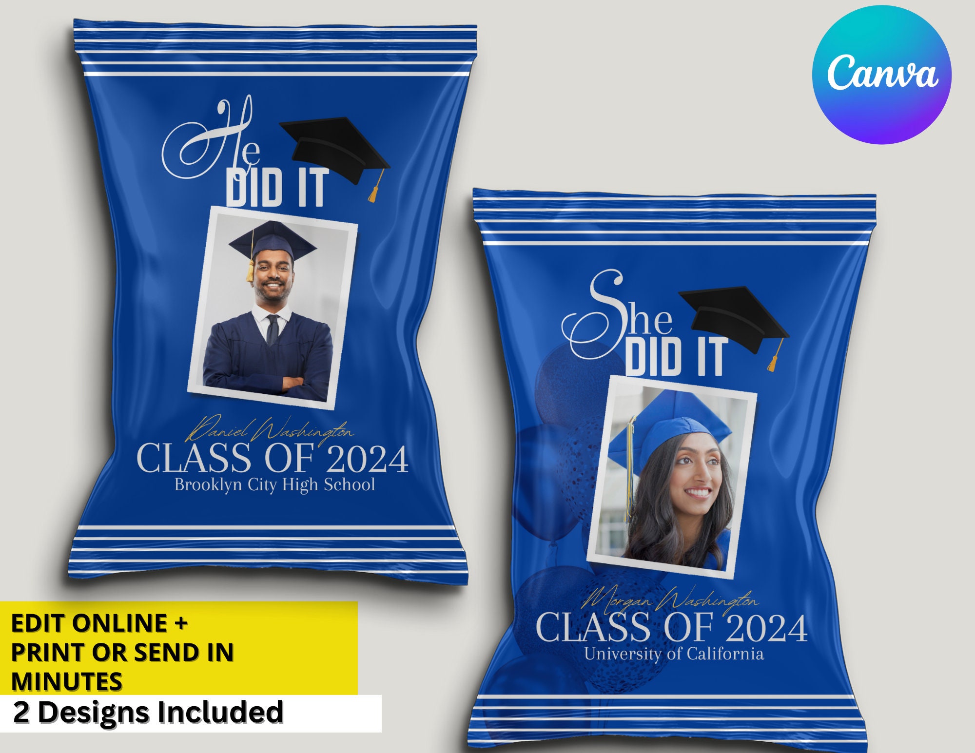 Editable Blue & Gold Graduation Chip Bag Label, Printable Grad Chip Bag ...