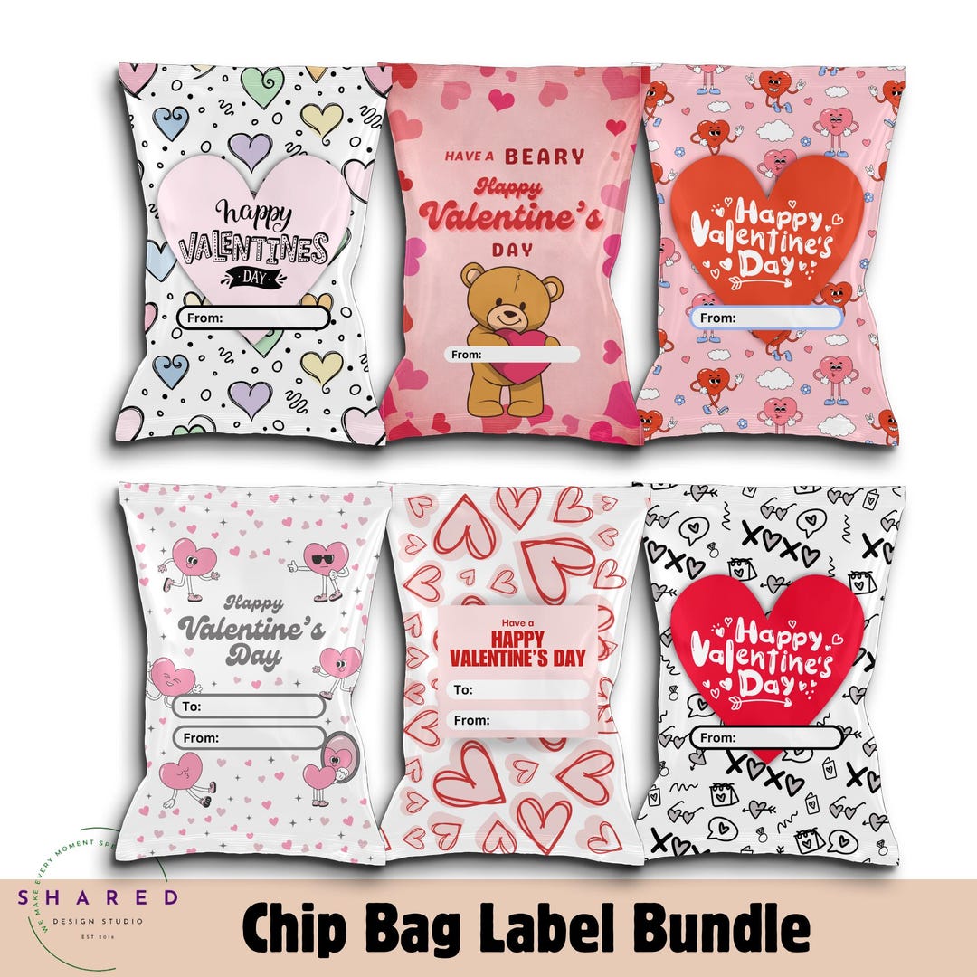 Valentine's Day Chip Bag Label Bundle, Printable Red Pink Bear Chip ...