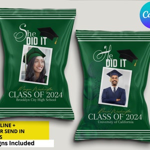 Editable Green & White Graduation Chip Bag Label, Printable Grad Chip ...