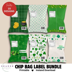 Editable St. Patrick's Day Chip Bag Label Bundle, Printable Green Lucky ...