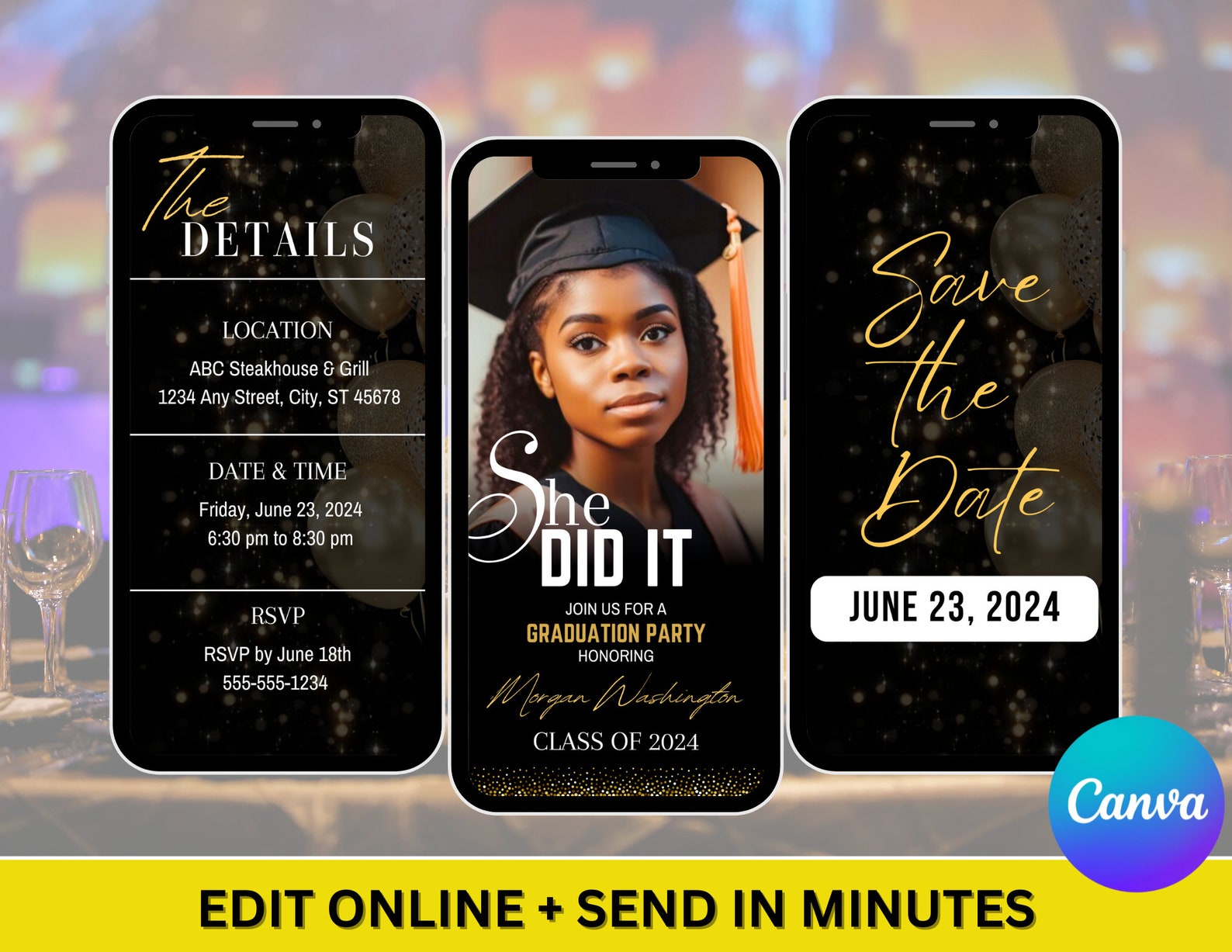 Editable Black & Gold Graduation Mobile Invitation, Animated Graduation ...