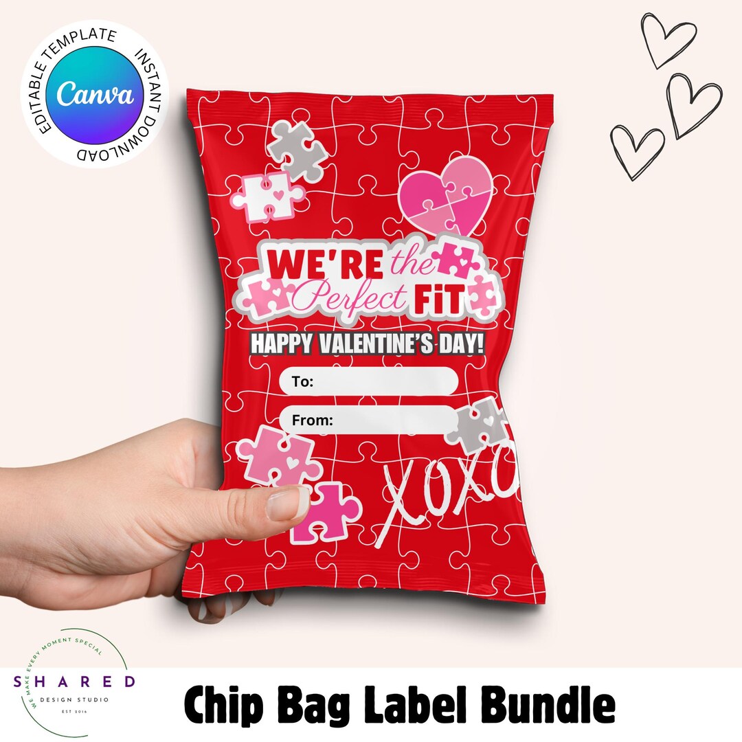 Red Valentine's Day Chip Bag Label, Printable Puzzle Chip Labels, We're ...