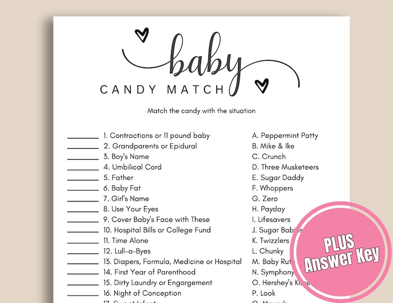 Minimalist Baby Shower Candy Match Game | Baby Shower Games Girl | Baby ...