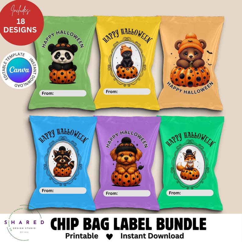 Editable Halloween Chip Bag Label Bundle, Printable Colorful Pumpkin ...