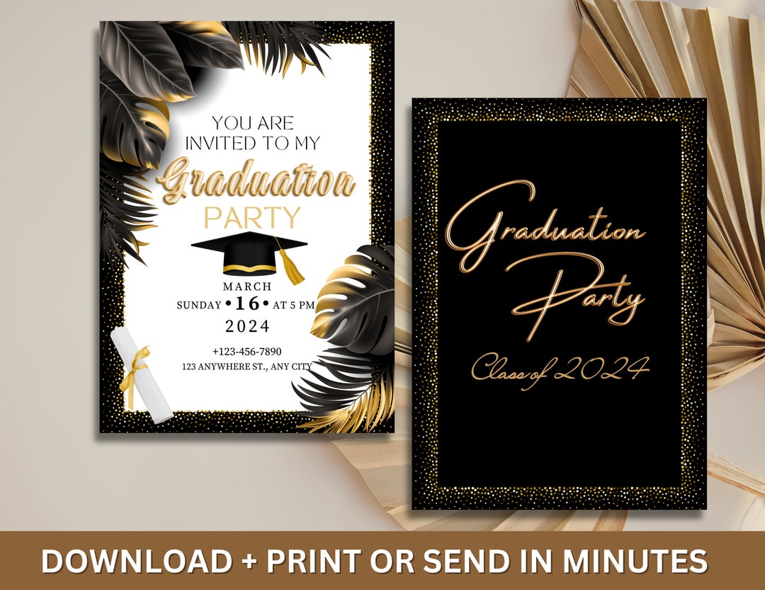 Editable Black & Gold Graduation Invitation, Printable Graduation Party ...