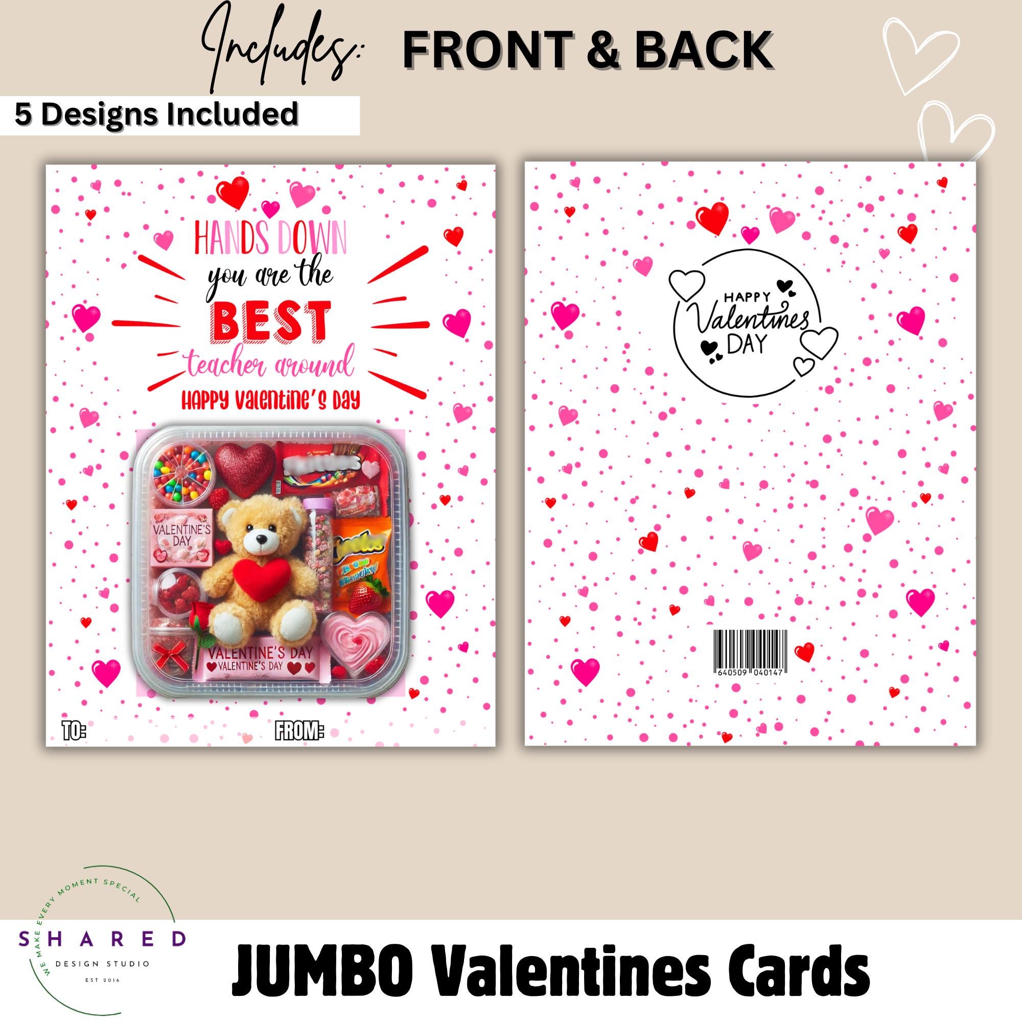 5 Jumbo Valentine's Day Cards, Printable Candy Snack Gift Card, DIY ...