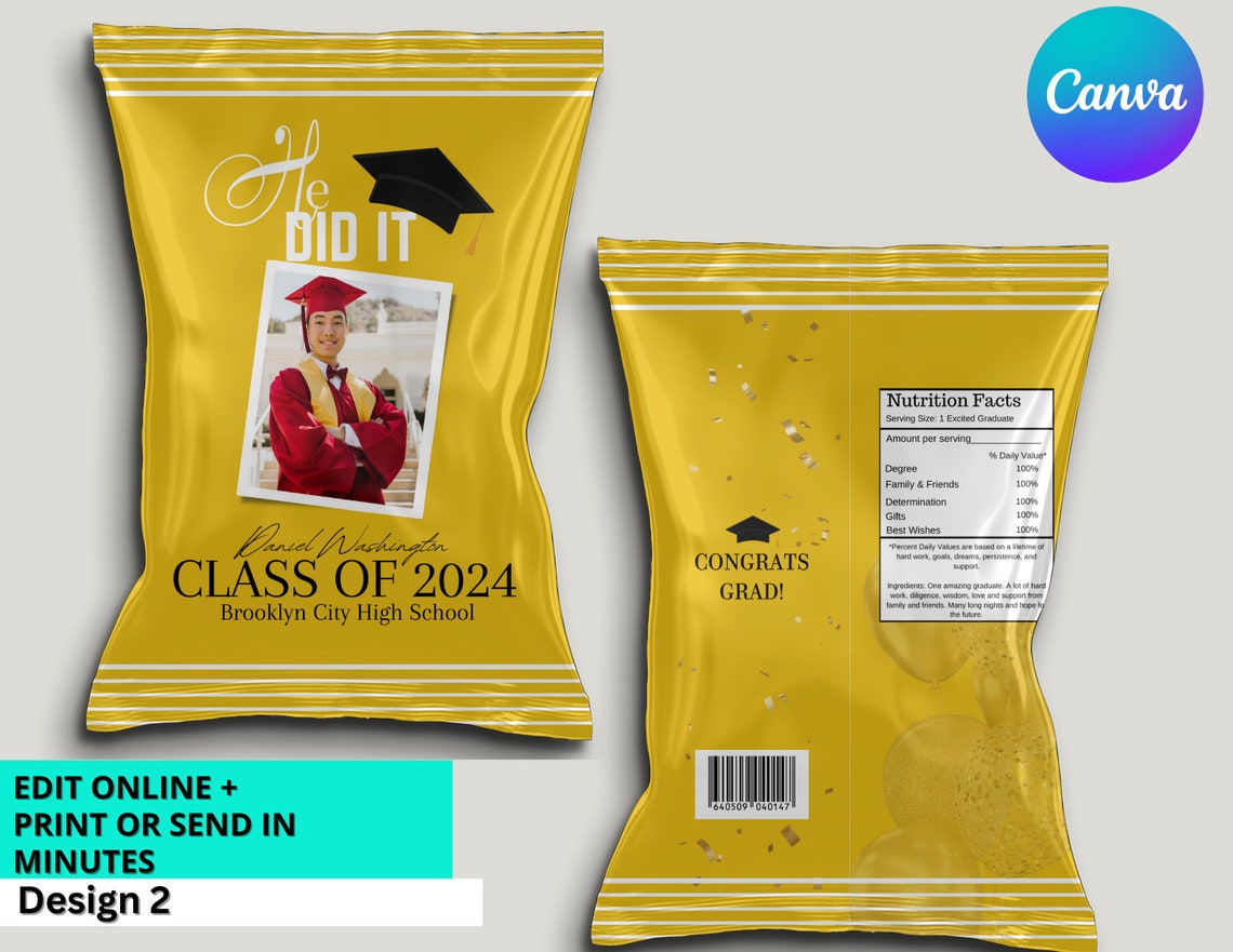 Editable Gold Graduation Chip Bag Label, Printable Grad Chip Bag ...