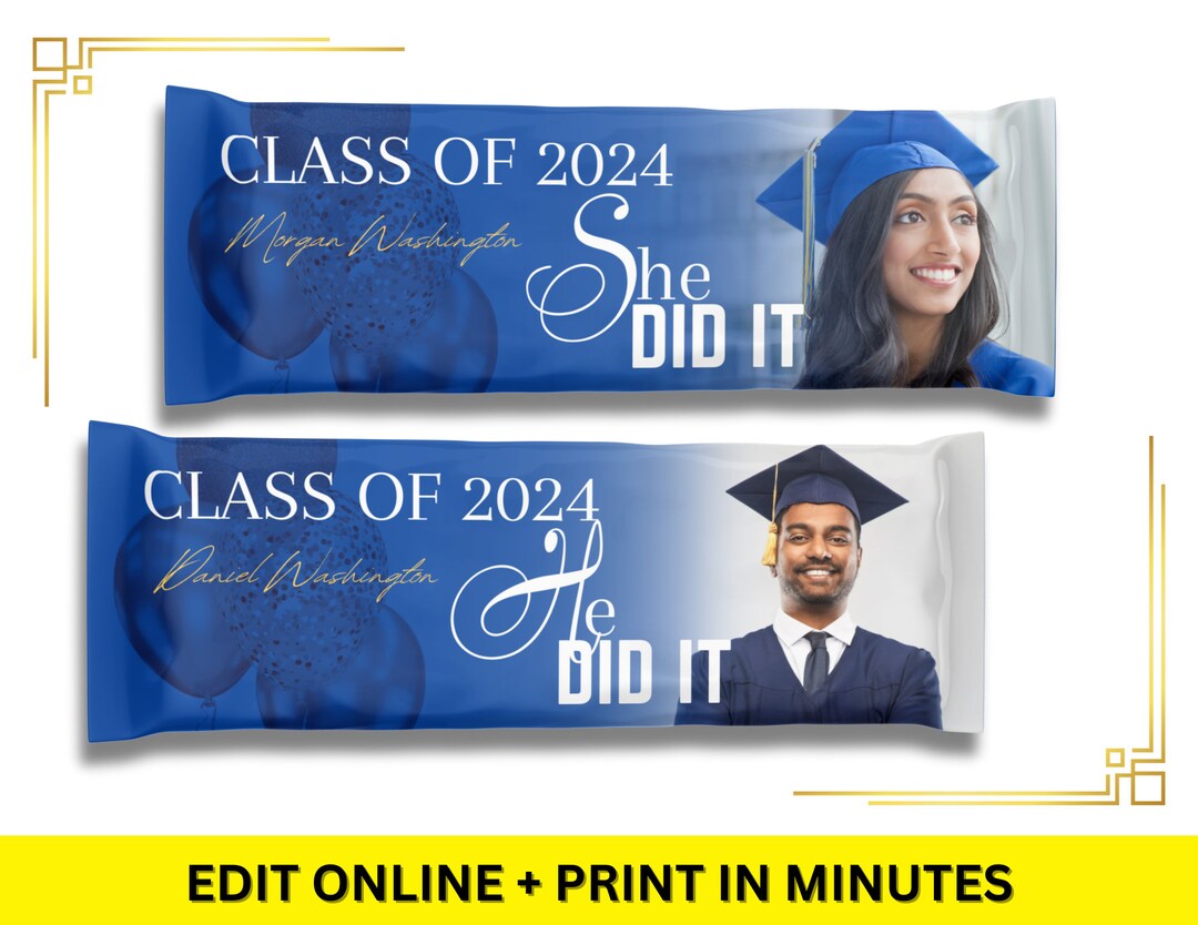 Editable Blue & Gold Graduation Candy Bar Wrapper, Printable Grad Candy ...
