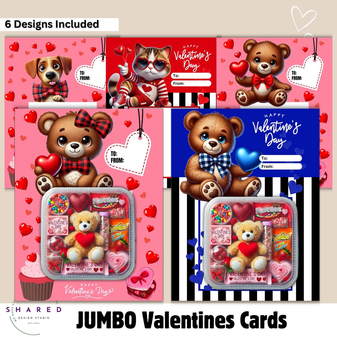 6 Cute Animal DIY Jumbo Valentine's Day Treat Cards, Printable Bear ...