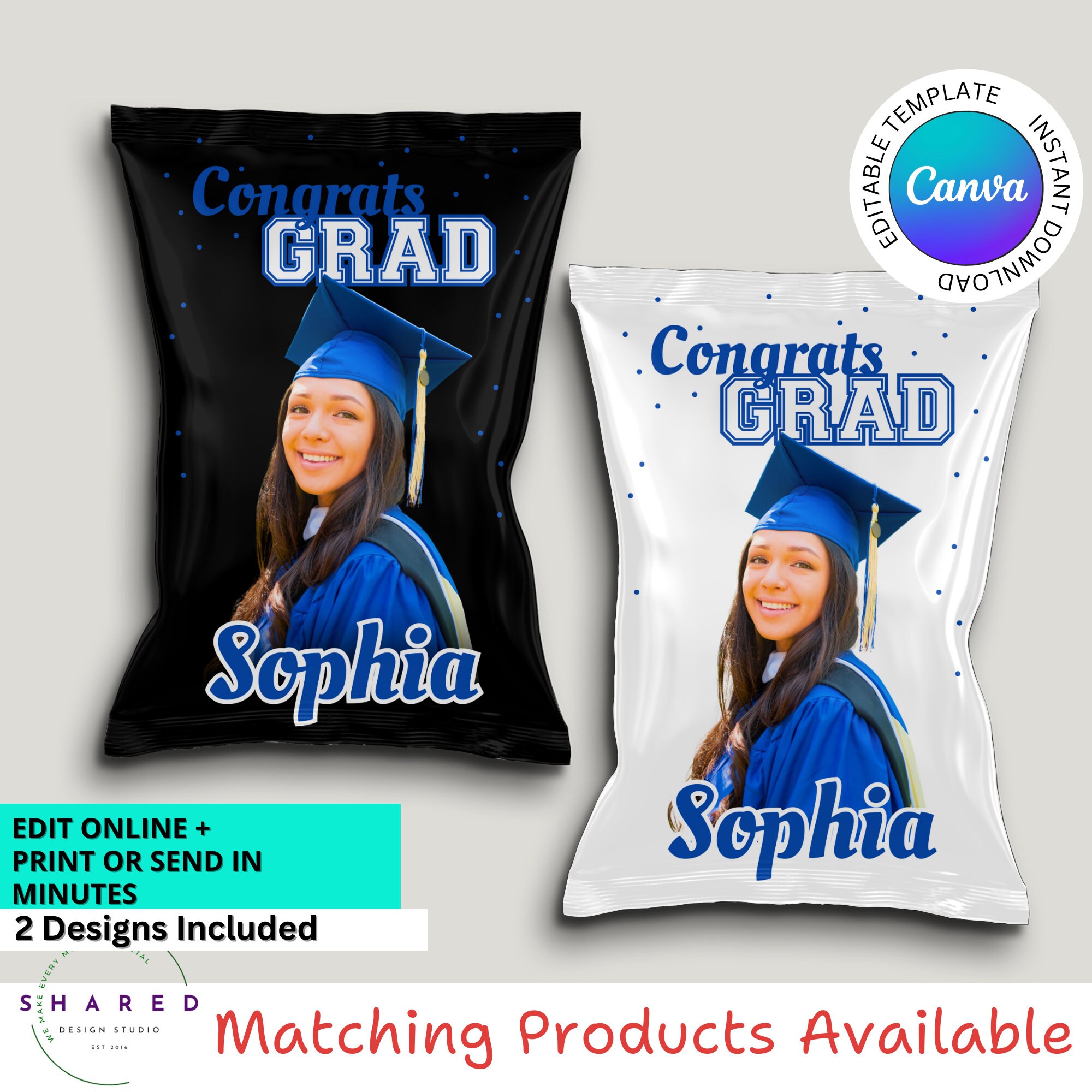 Editable Blue, White & Black Graduation Chip Bag Label, Printable ...