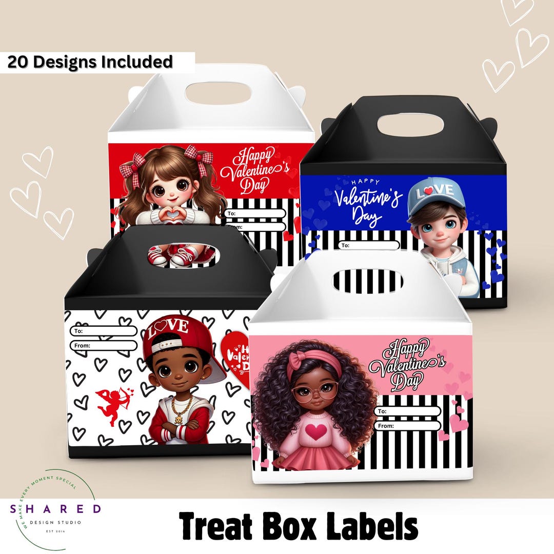 Valentine's Day Card Gable Treat Box Labels, Printable Candy Snack Box ...