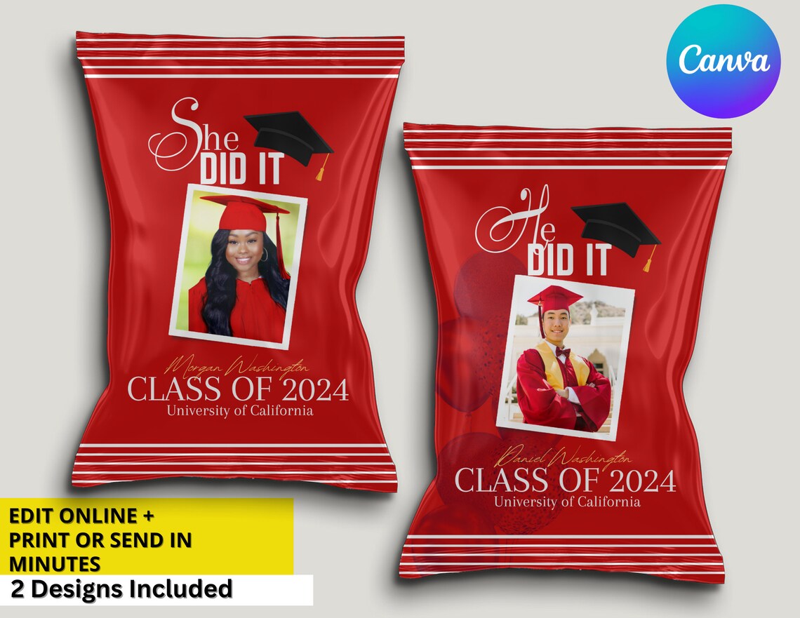 Editable Red & Gold Graduation Chip Bag Label, Printable Grad Chip Bag ...