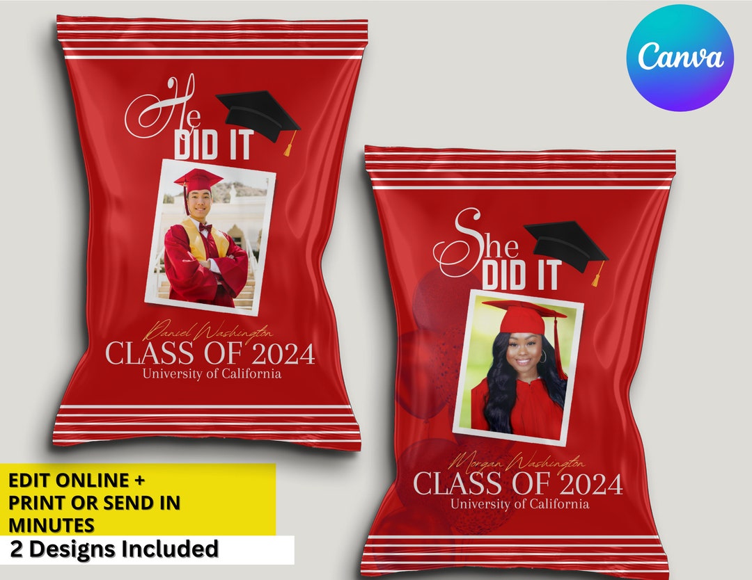 Editable Red & Gold Graduation Chip Bag Label, Printable Grad Chip Bag ...