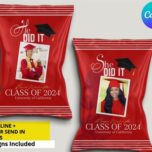 Editable Red & Gold Graduation Chip Bag Label, Printable Grad Chip Bag ...