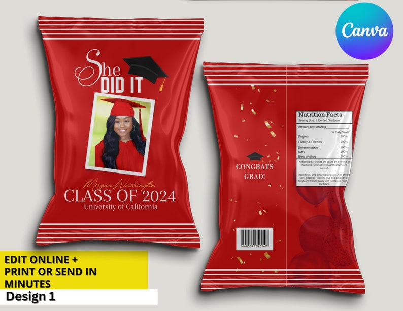 Editable Red & Gold Graduation Chip Bag Label, Printable Grad Chip Bag ...