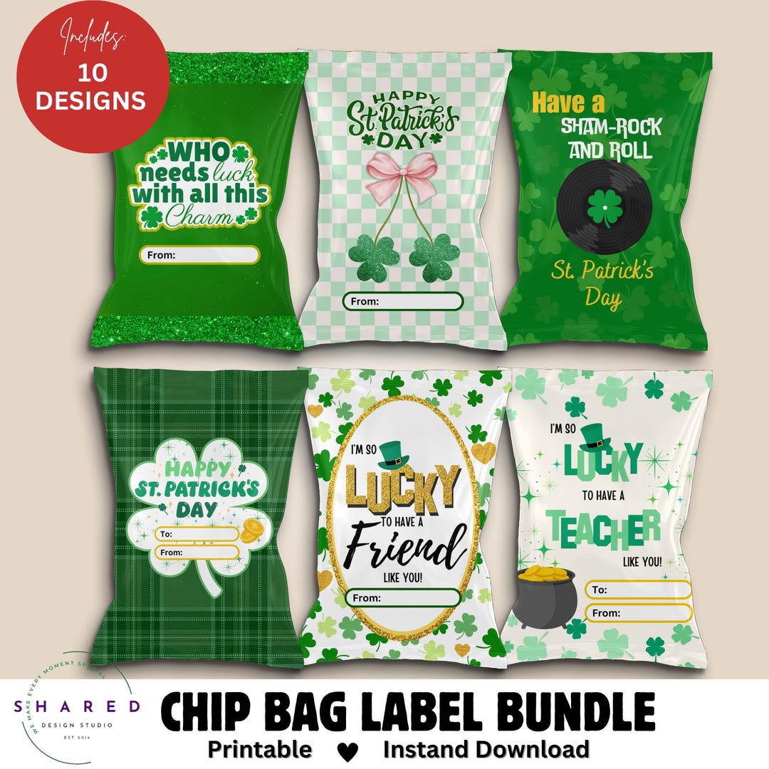 Editable St. Patrick's Day Chip Bag Label Bundle, Printable Green Lucky ...
