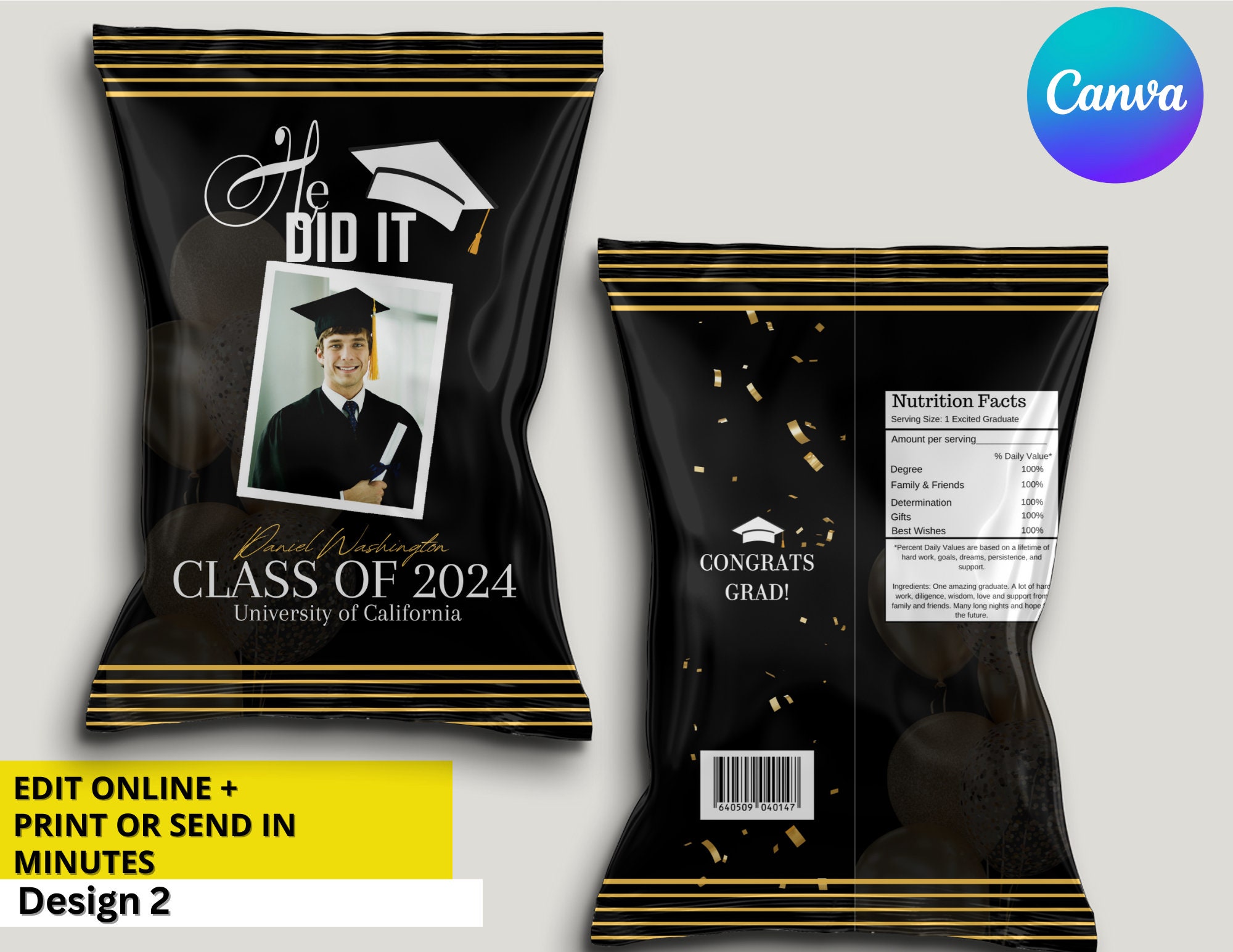Editable Black & Gold Graduation Chip Bag Label, Printable Grad Chip ...