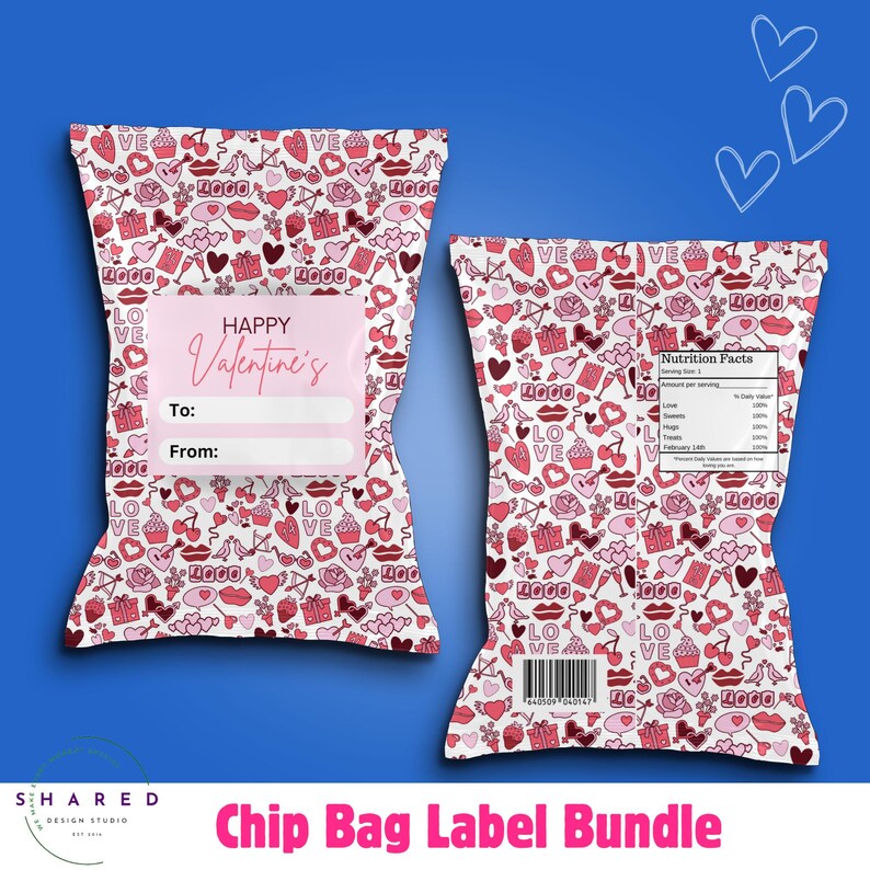 Valentine's Day Chip Bag Label Bundle, Printable Red Pink Heart Chip ...